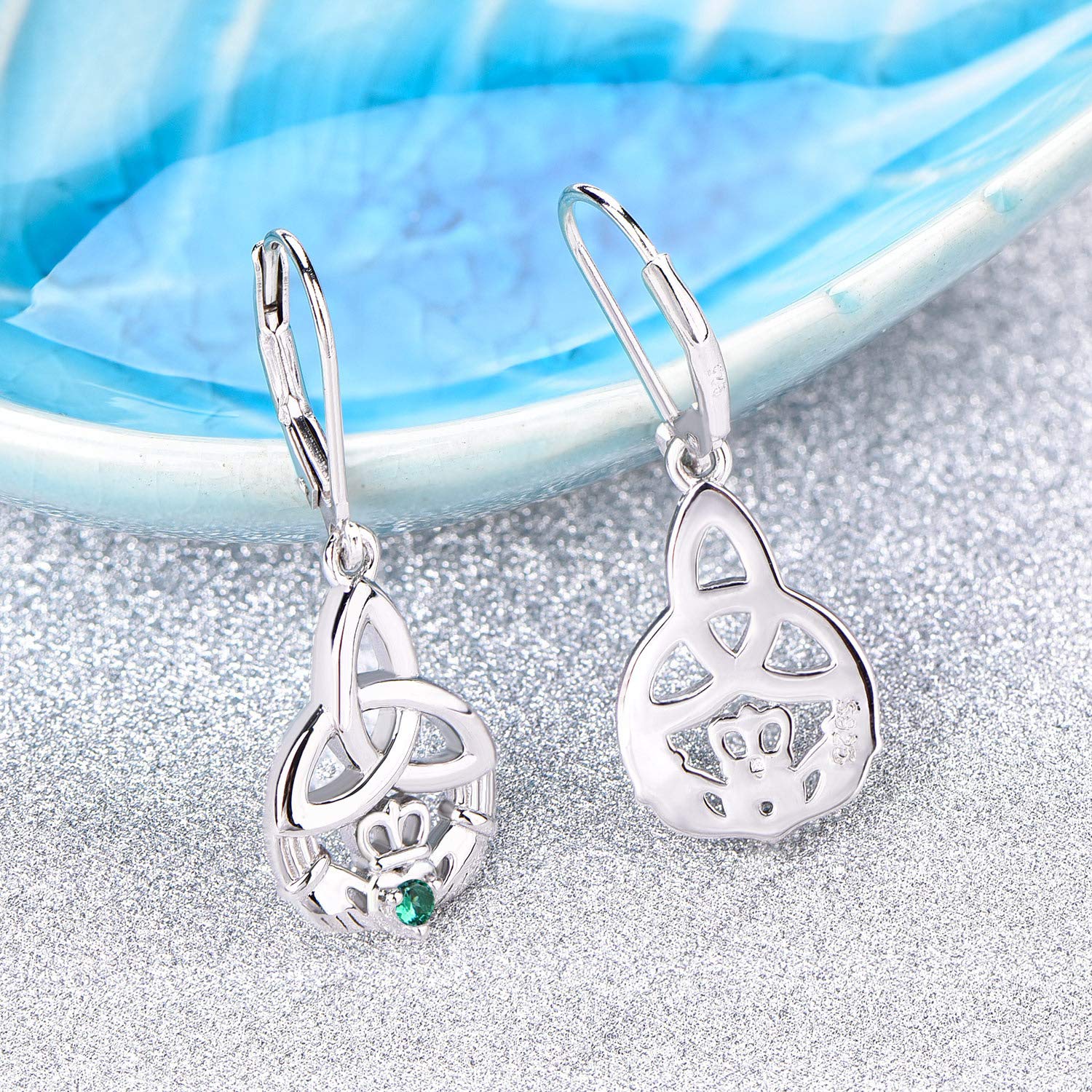 JO WISDOM Women Claddagh Earrings,925 Sterling Silver Irish Celtic Claddagh Love Heart Drop & Dangle Leverback Earrings with Green Emerald