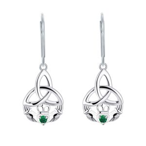 JO WISDOM Women Claddagh Earrings,925 Sterling Silver Irish Celtic Claddagh Love Heart Drop & Dangle Leverback Earrings with Green Emerald