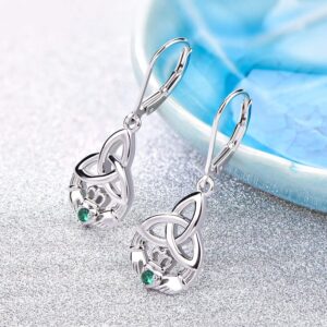 JO WISDOM Women Claddagh Earrings,925 Sterling Silver Irish Celtic Claddagh Love Heart Drop & Dangle Leverback Earrings with Green Emerald