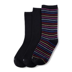 hue women's super soft crew 3 pair pack casual socks, black stripe, one size us