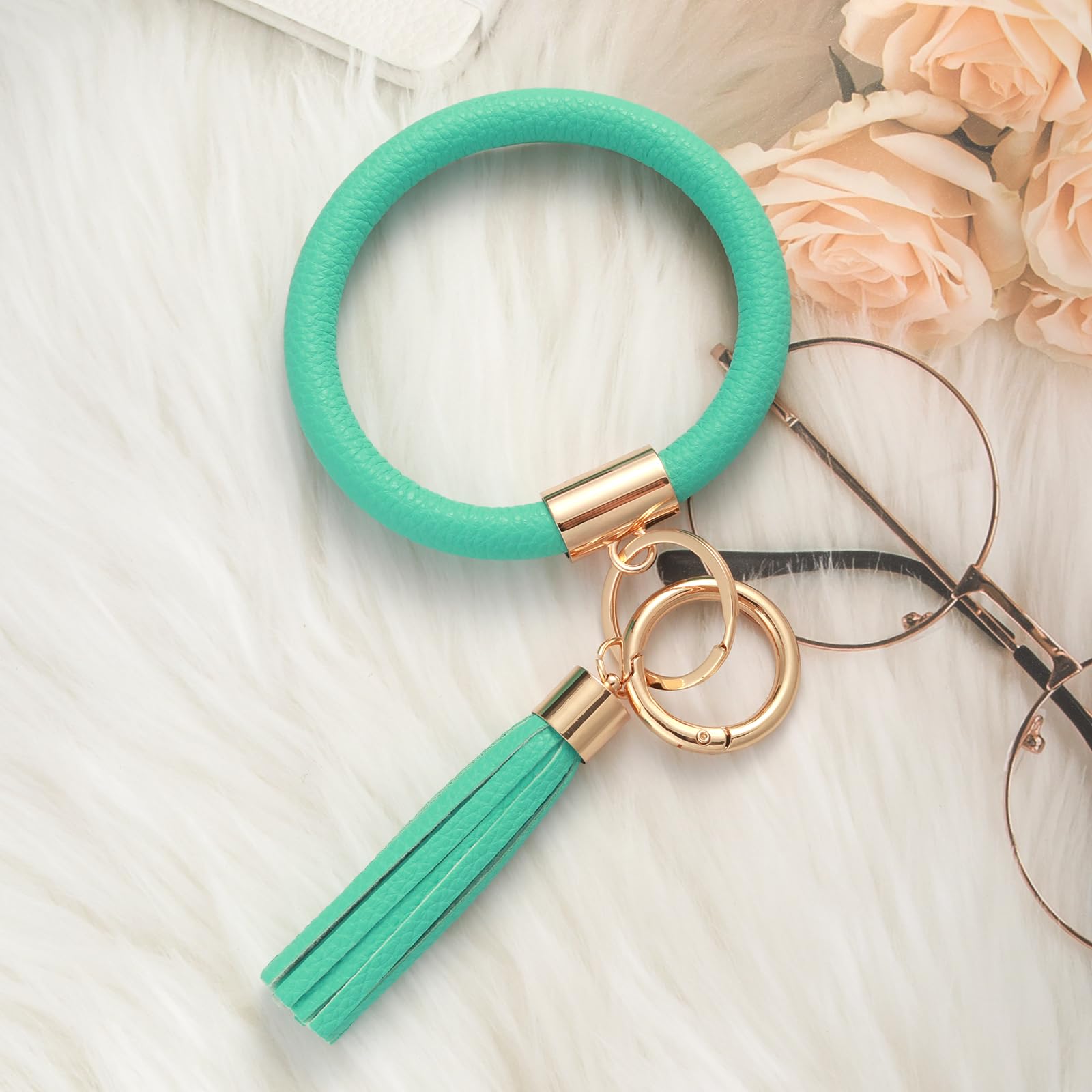 Coolcos Key Ring Bracelets Wristlet Keychain Bangle Keyring - Large Circle Leather Tassel Bracelet Holder For Women Gift(Turquoise Blue)