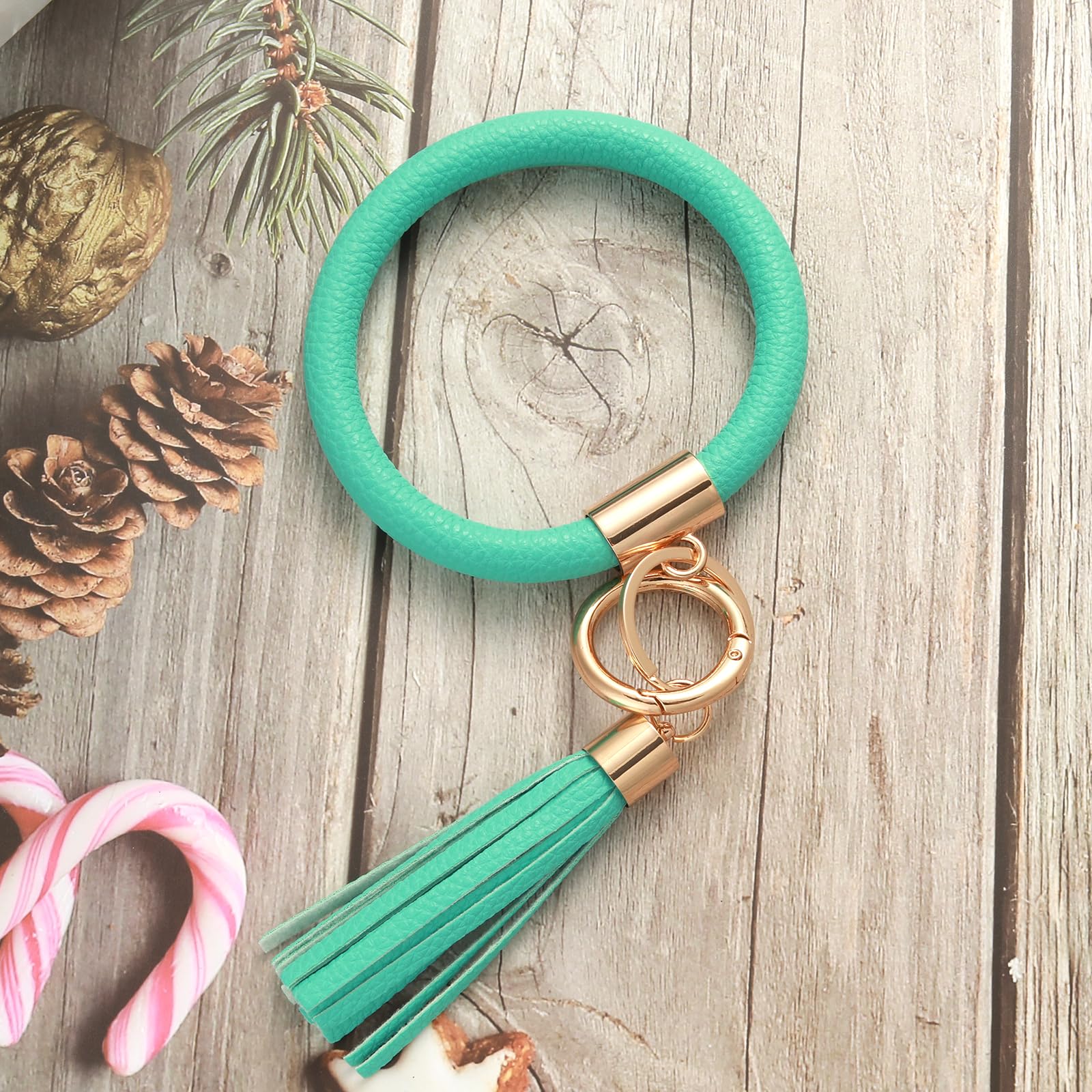 Coolcos Key Ring Bracelets Wristlet Keychain Bangle Keyring - Large Circle Leather Tassel Bracelet Holder For Women Gift(Turquoise Blue)