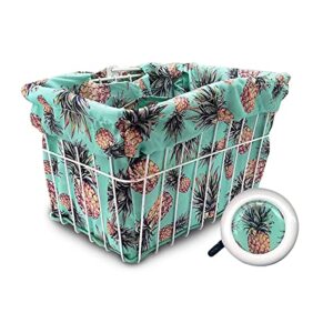 cruiser candy bicycle basket liner tote, beach cruiser basket cover, ebike front wicker or wire basket liner fits up to 15x12x10 weatherproof bike bag. bicycle bell included, bike bell (pineapples)