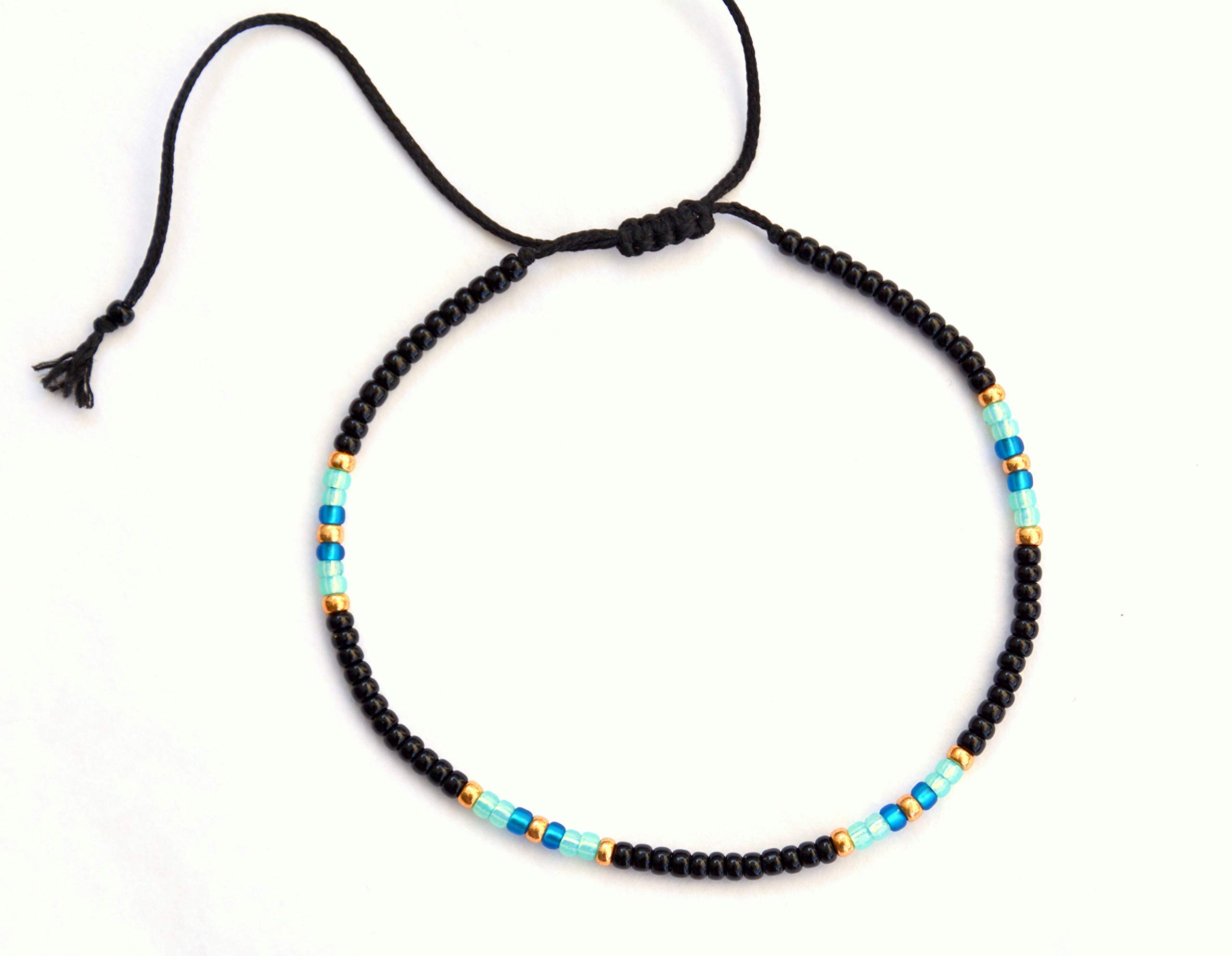 Anklet for Women, Unique Beaded Thin Anklet, Black Gold Colorful Boho Hippie Waterproof Beach Foot Jewelry, Native American Style, Handmade by Tribes (S-M (adjustable))