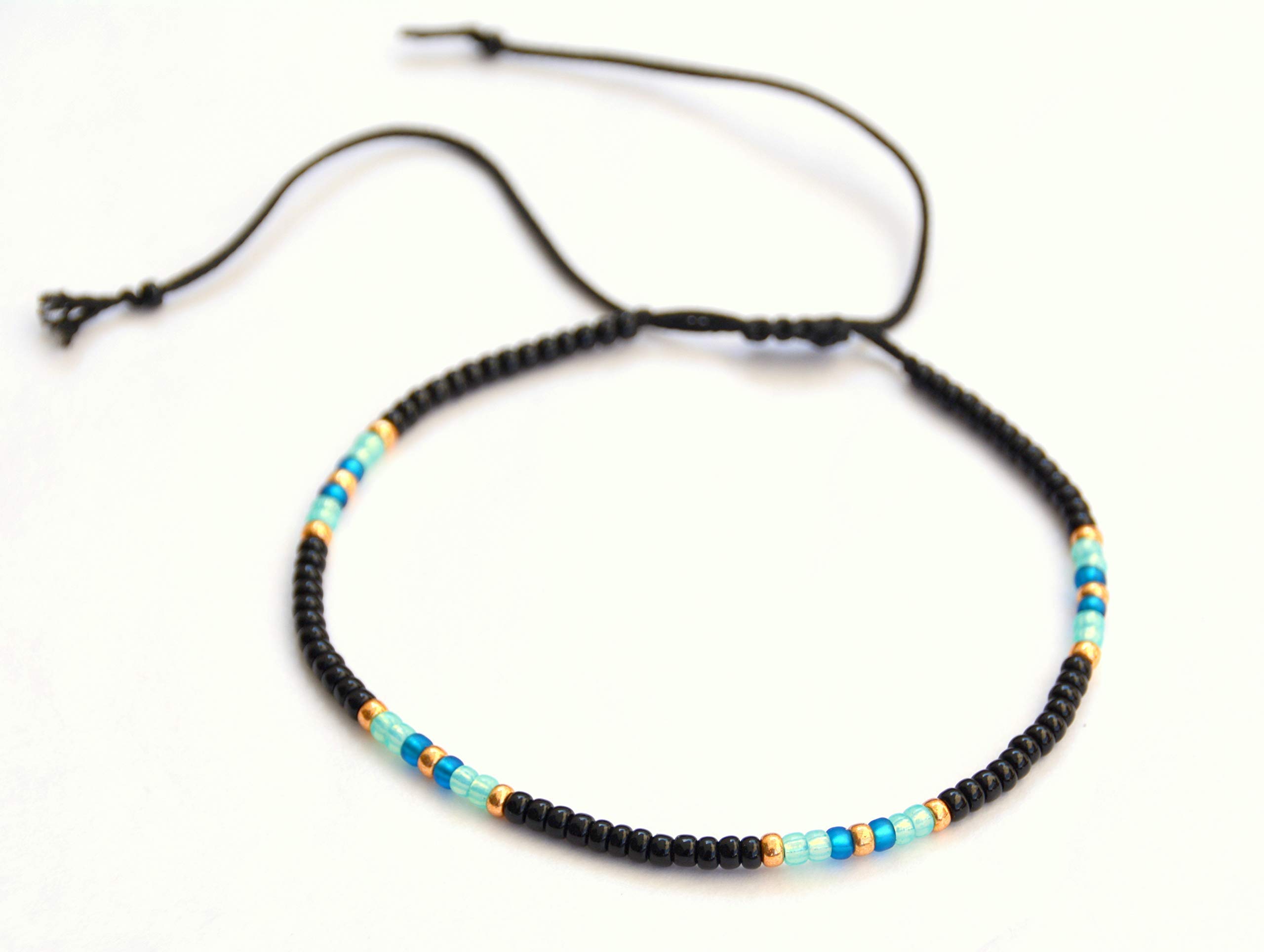 Anklet for Women, Unique Beaded Thin Anklet, Black Gold Colorful Boho Hippie Waterproof Beach Foot Jewelry, Native American Style, Handmade by Tribes (S-M (adjustable))