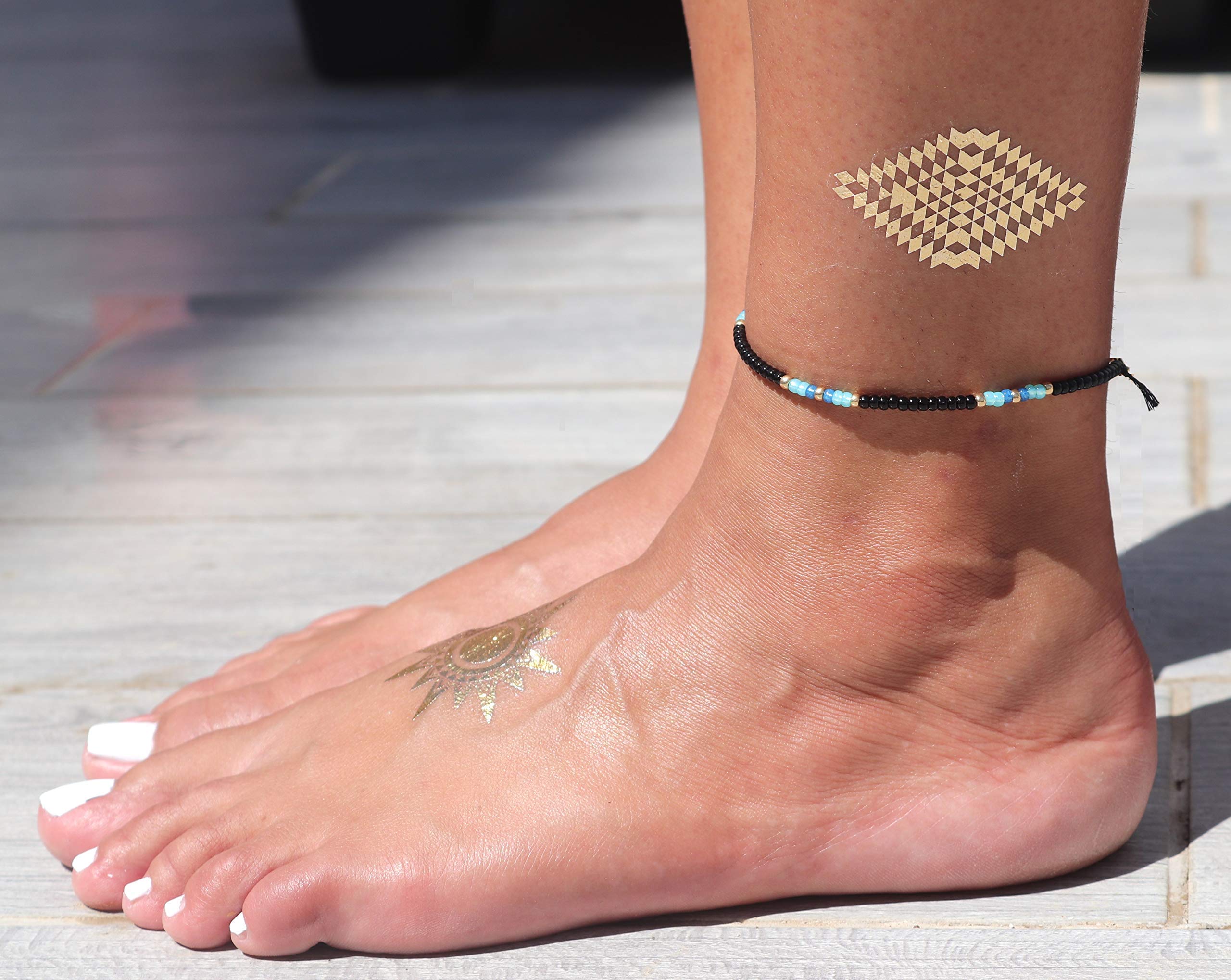 Anklet for Women, Unique Beaded Thin Anklet, Black Gold Colorful Boho Hippie Waterproof Beach Foot Jewelry, Native American Style, Handmade by Tribes (S-M (adjustable))