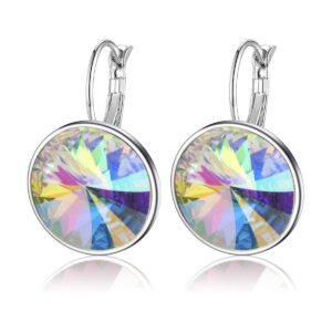 austrian crystals round drop leverback earrings for women 14k gold plated hypoallergenic hoop earrings (aurora borealis)