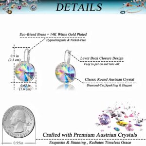 Austrian Crystals Round Drop Leverback Earrings for Women 14K Gold Plated Hypoallergenic Hoop Earrings (Aurora Borealis)