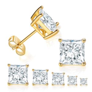 5 pairs 14k yellow gold plated princess cut clear cubic zirconia stud earring set