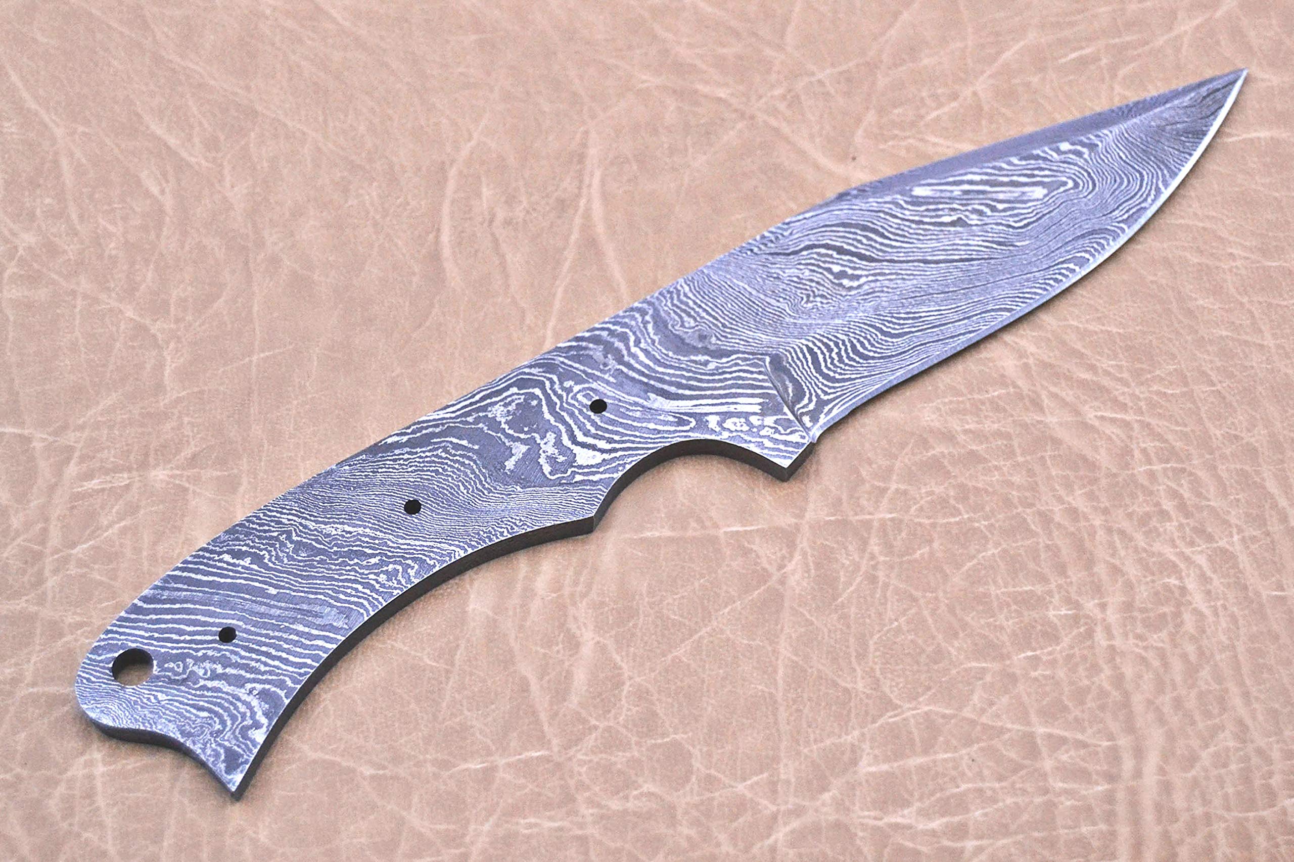 Knife Making, Damascus Steel Blank Blade 8.25 inches Long Hand Forged Skinning Knife with 3 Pin Hole & an Inserting Hole Space 4 inches Cutting Edge