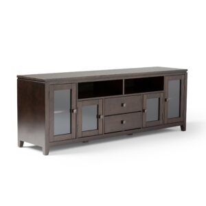 simplihome cosmopolitan solid wood universal tv media stand, 72 inch wide, contemporary, living room entertainment center with storage, for flat screen tvs up to 80 inches in mahogany brown