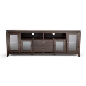 SIMPLIHOME Cosmopolitan SOLID WOOD Universal TV Media Stand, 72 inch Wide, Contemporary, Living Room Entertainment Center with Storage, for Flat Screen TVs up to 80 inches in Mahogany Brown