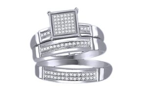 affy white natural diamond wedding & engagement trio band ring set in 10k solid white gold (0.25 cttw)