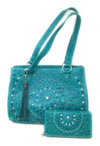 set of women's concealed carry tote double flat strap purse with laser cutout inlay with matching wallet (turquoise)