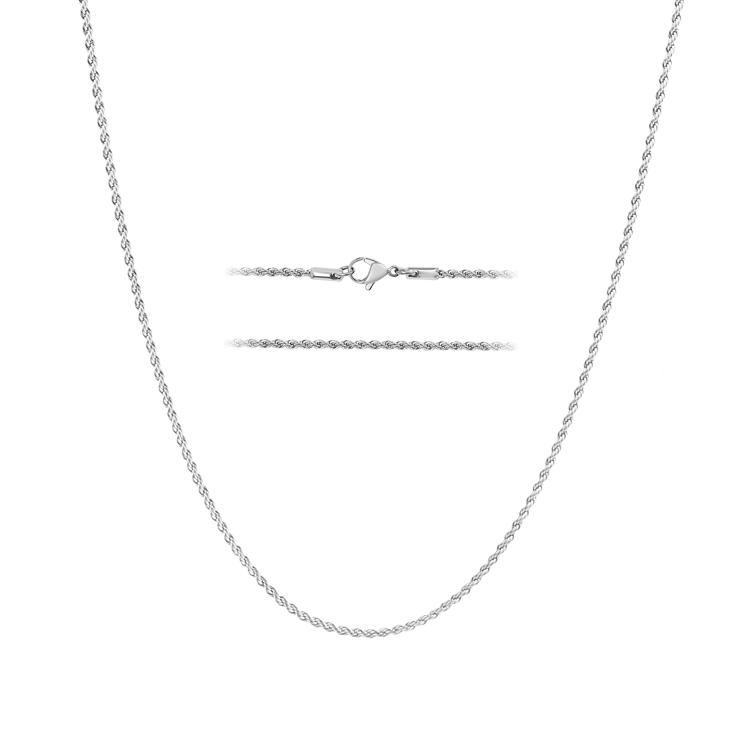 KISPER 24k White Gold Rope Chain Necklace –Thin, Dainty, White Gold Plated Stainless Steel Jewelry for Women & Men with Lobster Clasp, 18"