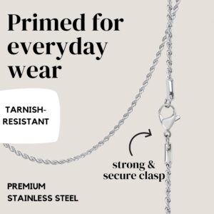 KISPER 24k White Gold Rope Chain Necklace –Thin, Dainty, White Gold Plated Stainless Steel Jewelry for Women & Men with Lobster Clasp, 18"