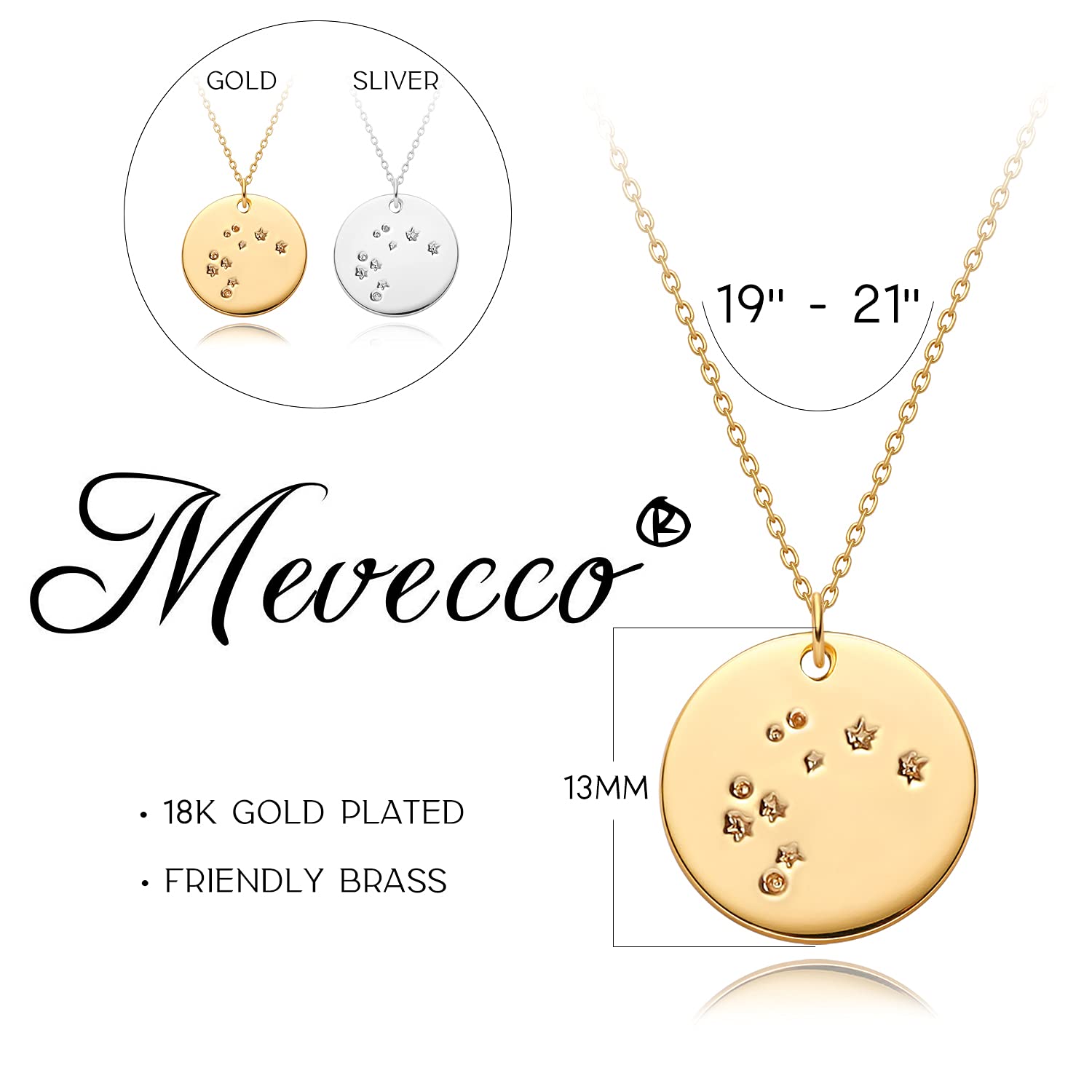 MEVECCO Gold Necklace Coin Disc Zodiac 12 Constellation Pisces Star Engraved Horoscope Sign Astrology Pendant 18K Gold Plated Chain Dainty Personalized Simple Jewelry