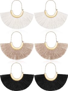 3 pairs fan tassel earrings for women fringe earrings semi circle fan silky threader dangles hoops