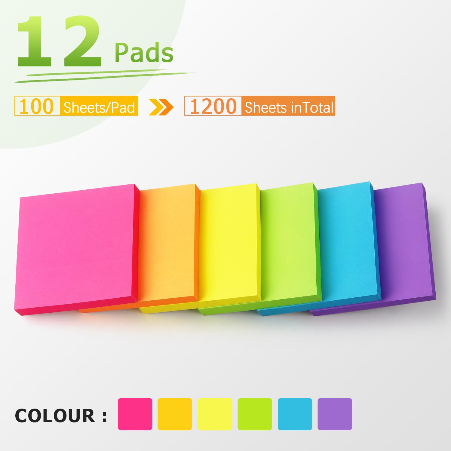 Sticky Notes 3x3 inch Bright Colors Self-Stick Pads 12 Pads/Pack 100 Sheets/Pad Total 1200 Sheets