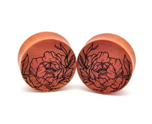 mystic metals body jewelry pair of laser engraved offset floral style 3 wood plugs (pw-335)(saba wood) (7/8" (22mm))