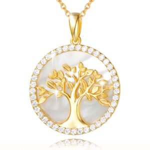 agvana gold tree of life necklace for women gold plated sterling silver genuine mother of pearl cz family tree jewelry anniversary birthday gifts for women mom wife grandma her