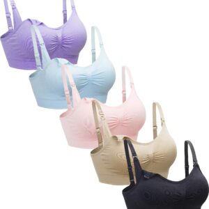 Suekaphin 5PACK Nursing Bra Wireless Bra Women's Sleeping Maternity Bra Breastfeeding Bra,XX-Large,Black/Nude/Pink/Purple/Lightblue