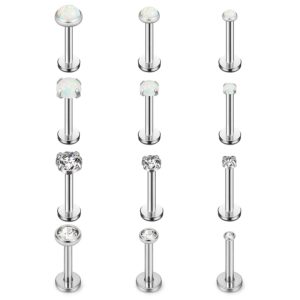 ruifan 16g stainless steel white opal clear cz internally threaded labret monroe lip ring tragus cartilage helix earring studs 5/16" 8mm 12pcs