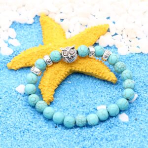 Aeora Teacher Gift,8mm Natural Turquoise Owl Braided Rope Bracelet For Women Bohemian Jewelry Gift