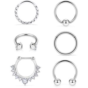 lcolyoli 6pcs 16g surgical steel hinged seamless septum hoop nose ring with clear diamond cz horseshoe barbell cartilage daith conch tragus clicker piercing jewelry for women men silver-tone