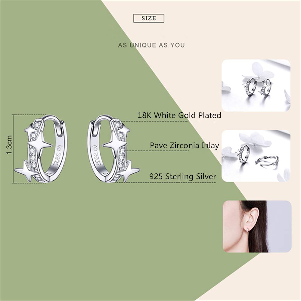 Star Cubic Zirconia Huggie Hoop Earrings for Women Teen Girls Sterling Silver Constellation Cartilage Cute Charms CZ Sleeper Small Hoop Dainty Stars Earrings Hypoallergenic Sensitive Ear Jewelry