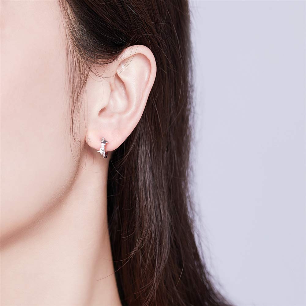 Star Cubic Zirconia Huggie Hoop Earrings for Women Teen Girls Sterling Silver Constellation Cartilage Cute Charms CZ Sleeper Small Hoop Dainty Stars Earrings Hypoallergenic Sensitive Ear Jewelry