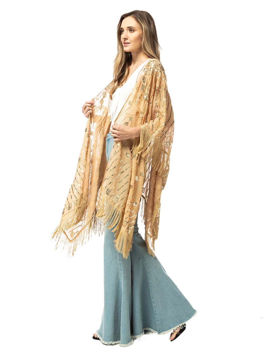 Anna-Kaci Womens Oversized Gatsby Hand Beaded Fringed Sequin Evening Shawl Wrap, Gold, Onesize