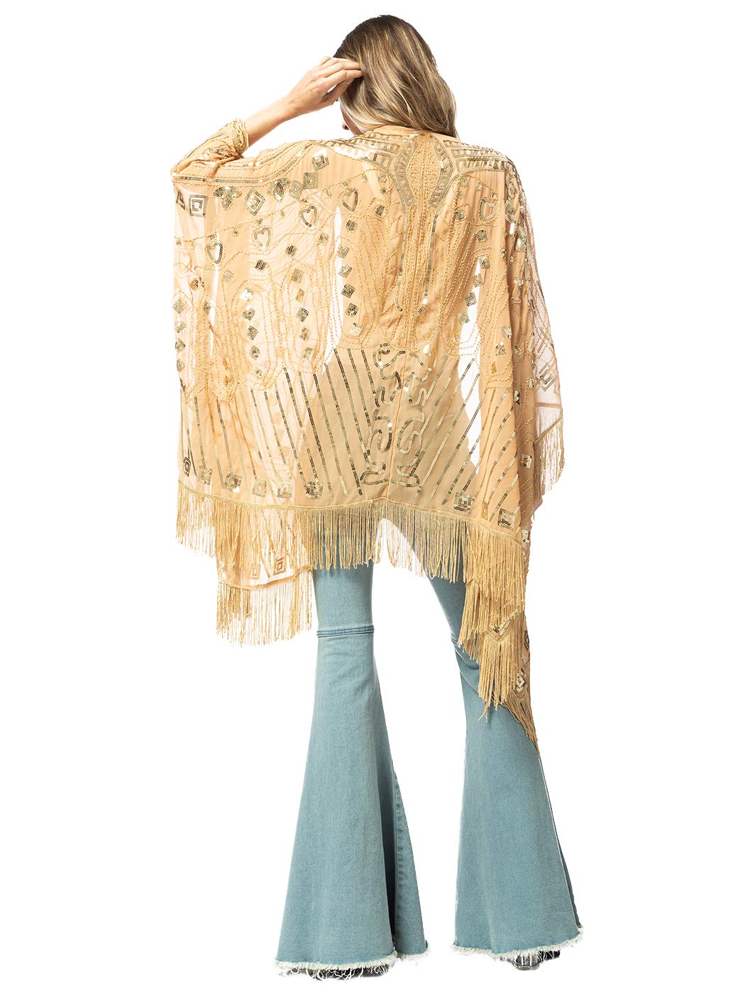 Anna-Kaci Womens Oversized Gatsby Hand Beaded Fringed Sequin Evening Shawl Wrap, Gold, Onesize