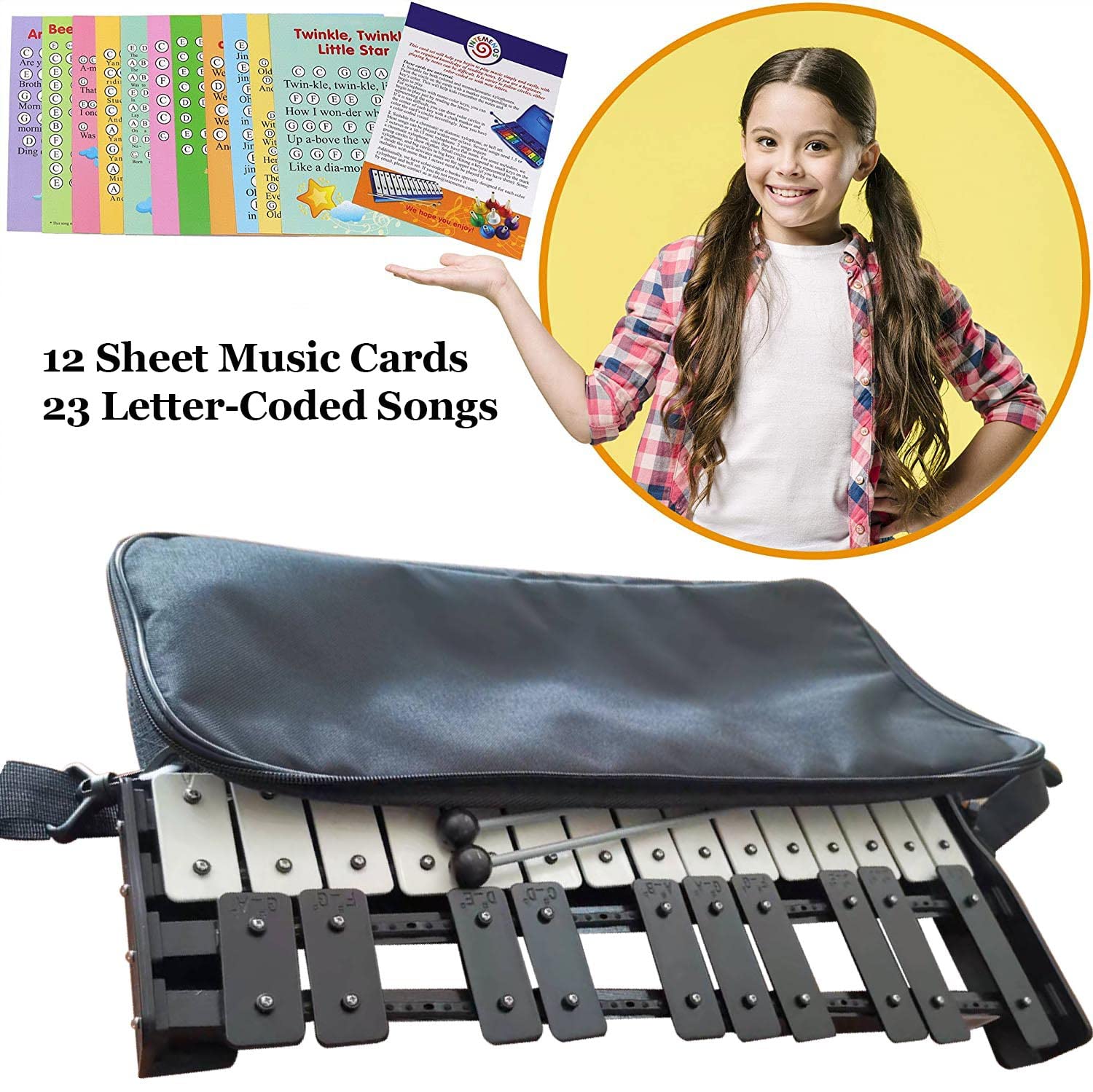 Glockenspiel 25 Note Chromatic A-A Tuned Xylophone, Black Soft Bag