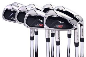 majek k6 iron set +1 inch over big & tall men's 8-piece set (4-pw, sw) right handed steel shaft regular flex r flex club (tall 6'0"+ / +1" over) with midsize black pro velvet grips