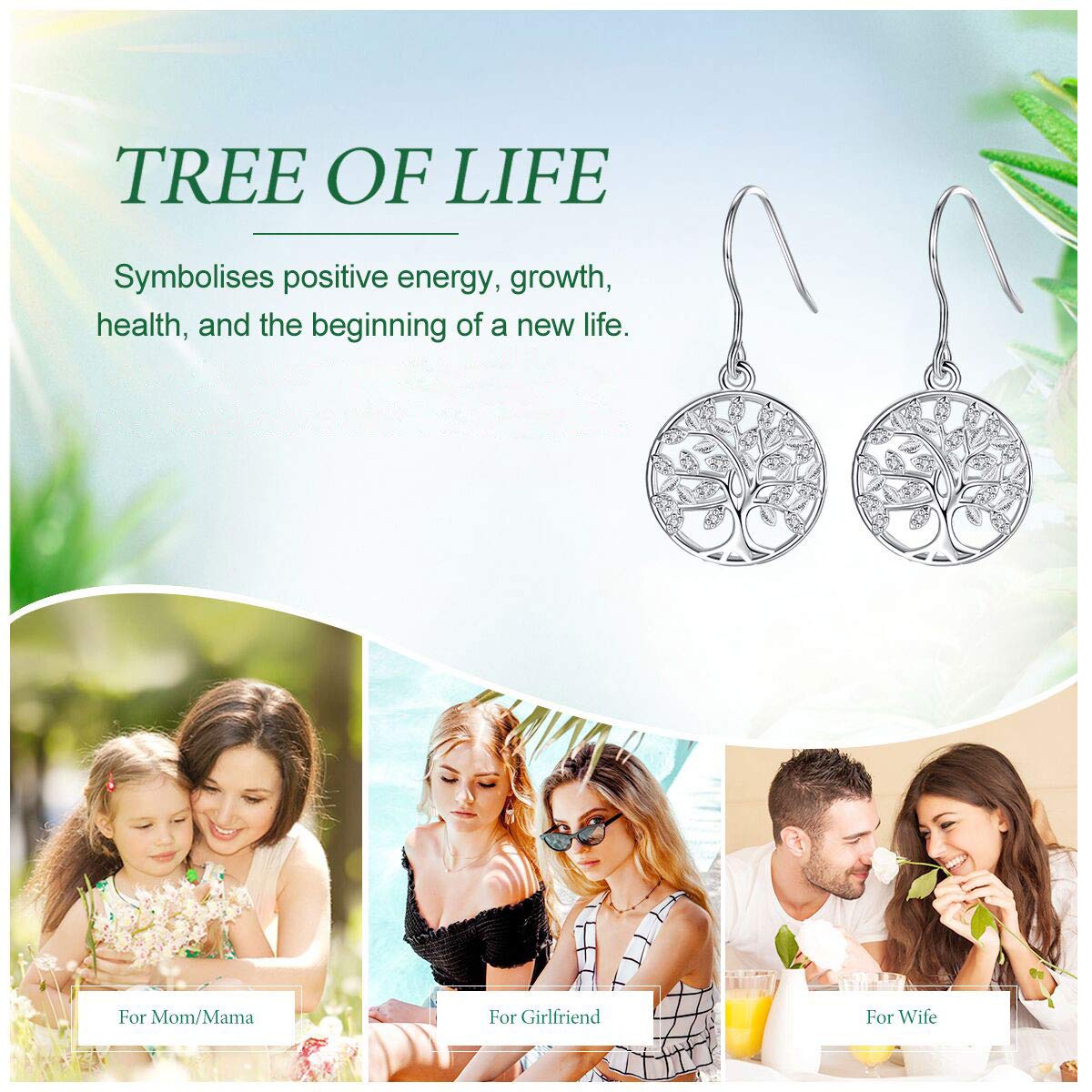 AEONSLOVE Tree of Life Earrings for Women, Family Tree Earrings, Sterling Silver Drop Dangle Earring for Women Mother Daughter Wife, Tree of Life Jewelry