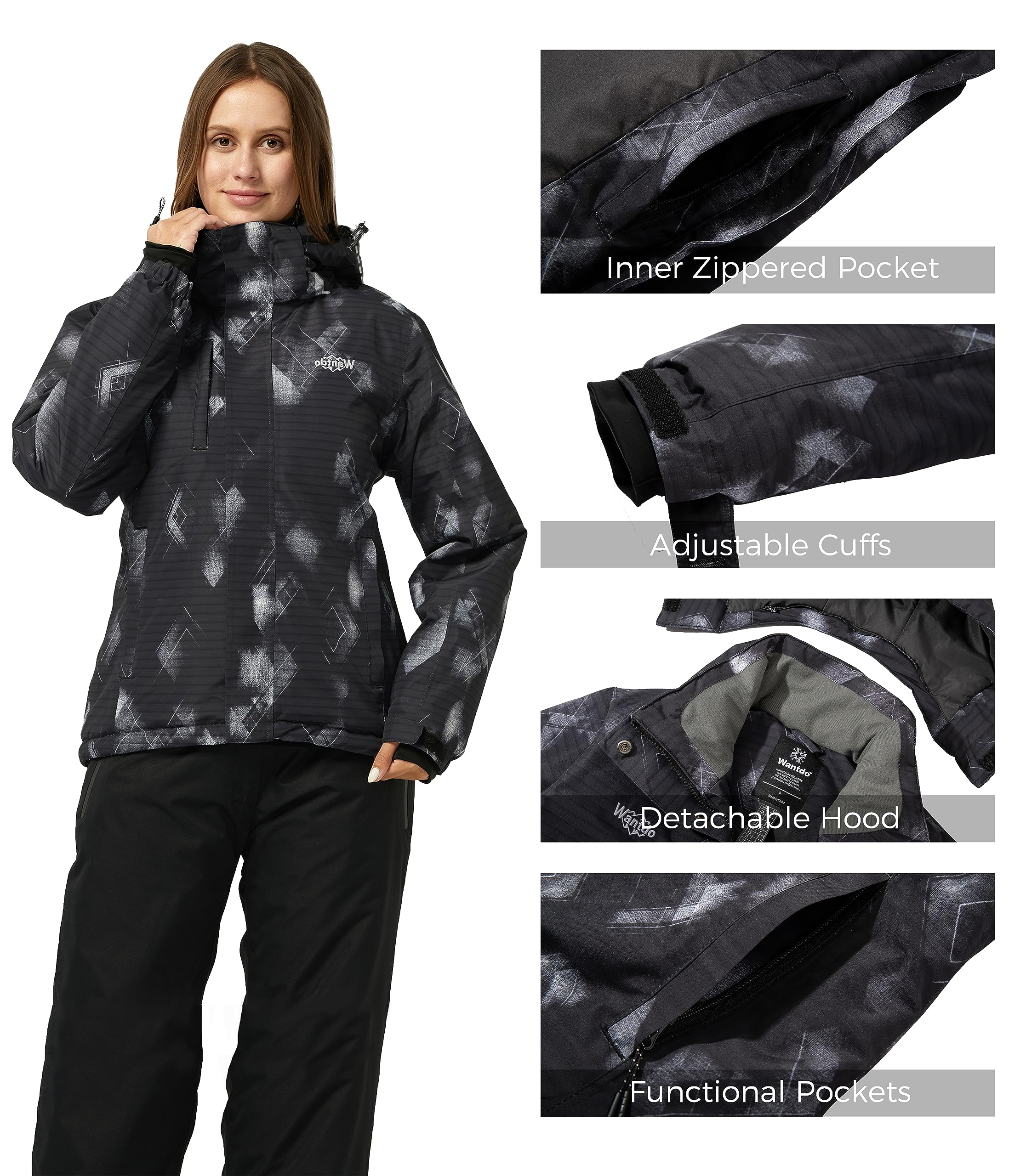 wantdo Women's Waterproof Fully Taped Seams Ski Jacket Rain Jacket with Detachable Hood Black L