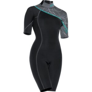 bare 2mm women's elate shorty wetsuit | comfortable high stretch neoprene material | short sleeve | great for all watersports, scuba diving and snorkeling | grey 08