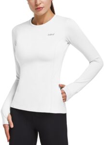 baleaf women's thermal shirts long sleeve workout tops running athletic zipper pocket fleece lined cold weather gear winter thumbholes white l