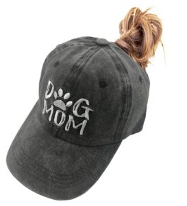 manmesh hatt dog mom ponytail baseball cap messy bun vintage washed distressed twill plain hat for women (black, one size)