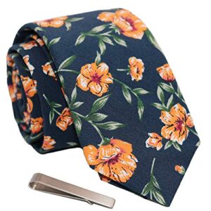 witzroys men's skinny tie floral cotton necktie and tie bar clip sets, great for weddings,groom,groomsmen (blue & orange #a4)