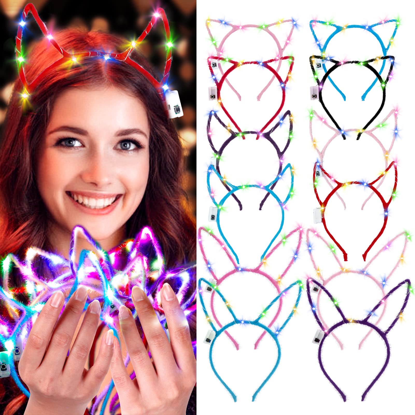 LED Cat Ears Headband,Aniwon12PCS Light Up Headband Cute Cat Ear Rabbit Ear Unicorn Headband Luminous Led Headband for Women Girls Kids Led Hair Accessories Christmas Halloween Party Supplies