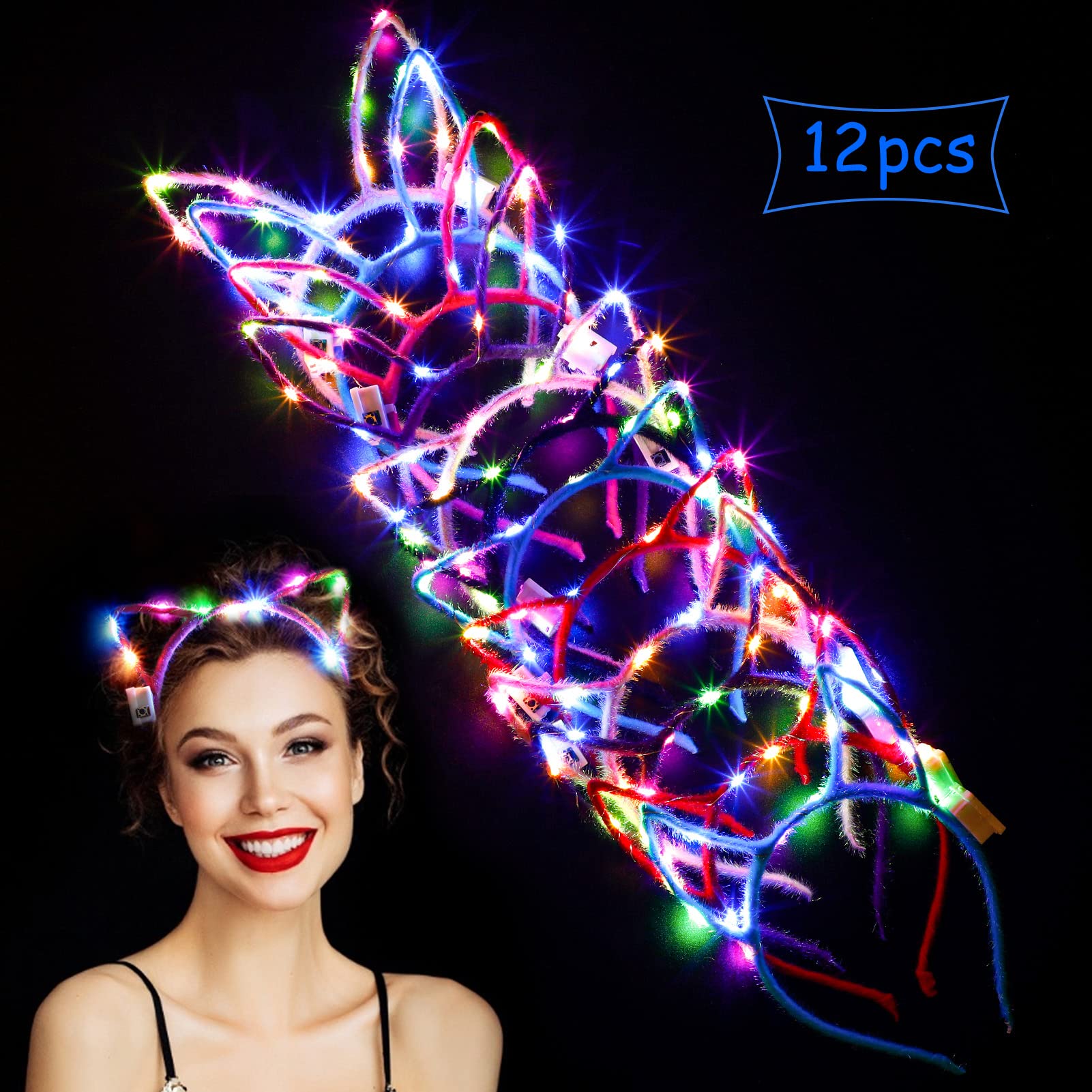 LED Cat Ears Headband,Aniwon12PCS Light Up Headband Cute Cat Ear Rabbit Ear Unicorn Headband Luminous Led Headband for Women Girls Kids Led Hair Accessories Christmas Halloween Party Supplies