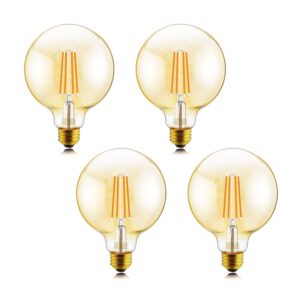 helloify g25 amber glass globe decorative dimmable vintage led edison bulb, 60w equivalent, high brightness filament lamp, warm white 2500k, antique style, e26 screw base, 4 count (pack of 1)