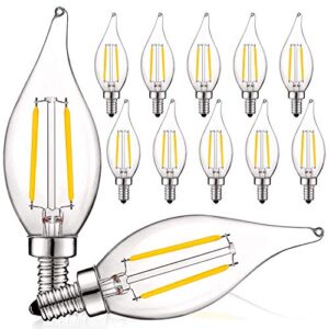 luxrite 4w vintage candelabra led bulbs dimmable, 400 lumens, 3000k soft white, led chandelier light bulbs 40w equivalent, flame clear glass, filament led candle bulb, ul listed, e12 base (12 pack)