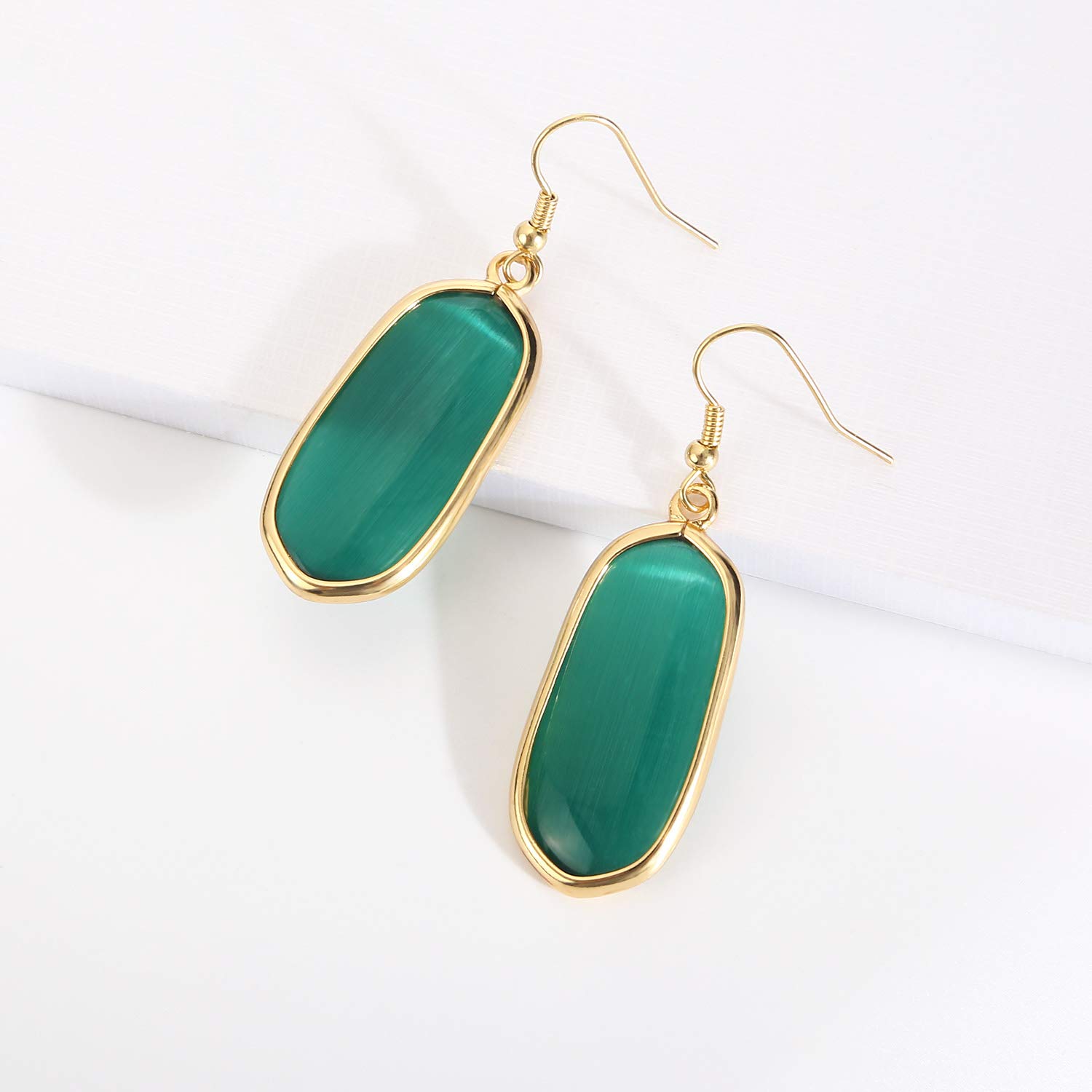 BaubleStar Natural Crystal Healing Stone Drop Earrings Green Opal Jasper Gemstone Quartz Oval Dangle Gold Fashion Jewelry for Women