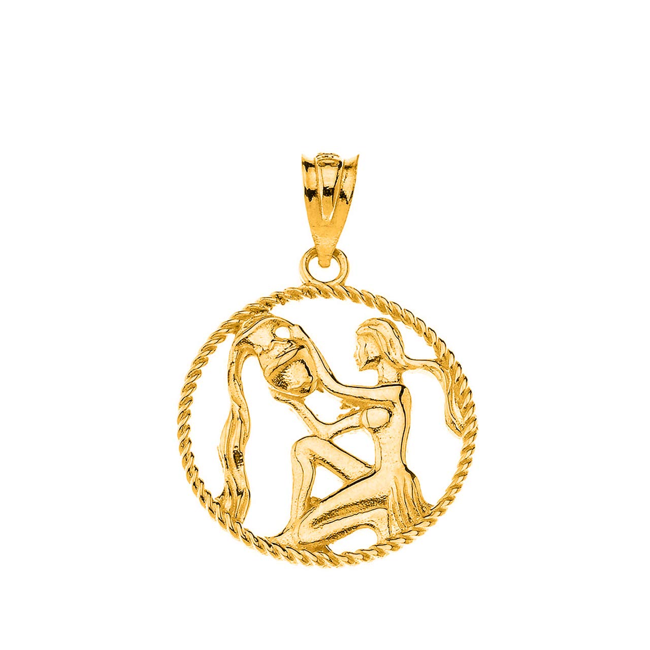 Certified 14k Yellow Gold Round Aquarius Zodiac Sign Twisted Rope Style Charm Pendant