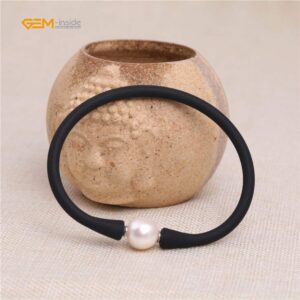 Jewelry Bracelet White Freshwater Pearl Black Rubber Stretch 7" Healing Reiki Fashion for Women Gifts