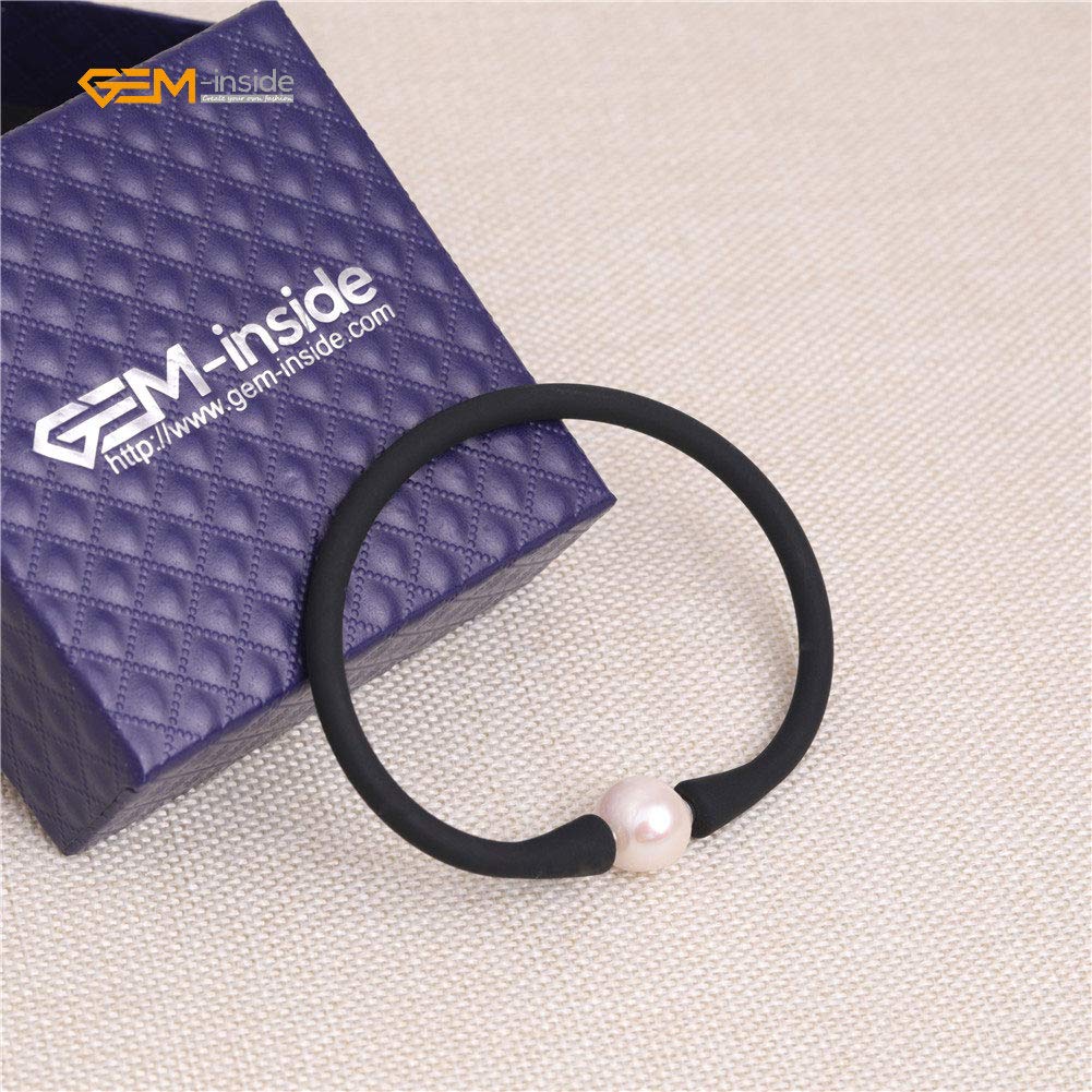 Jewelry Bracelet White Freshwater Pearl Black Rubber Stretch 7" Healing Reiki Fashion for Women Gifts