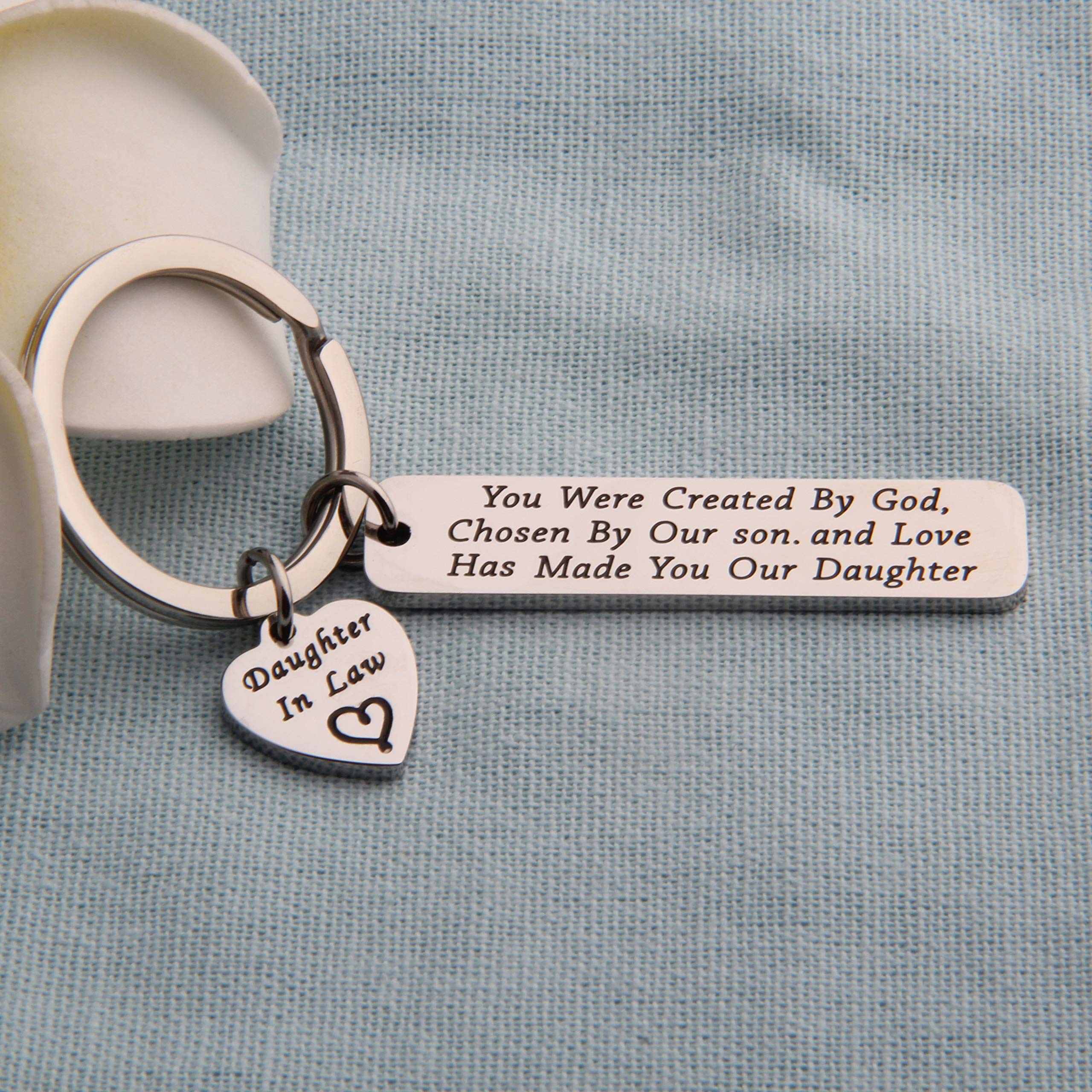 BEKECH Daughter-in-Law Gift Bonus Daughter In law Keychain Wedding Gift Jewelry from Mother-in Law You Were Created by God Chosen by Our Son and Love Has Made You Our Daughter (silver)